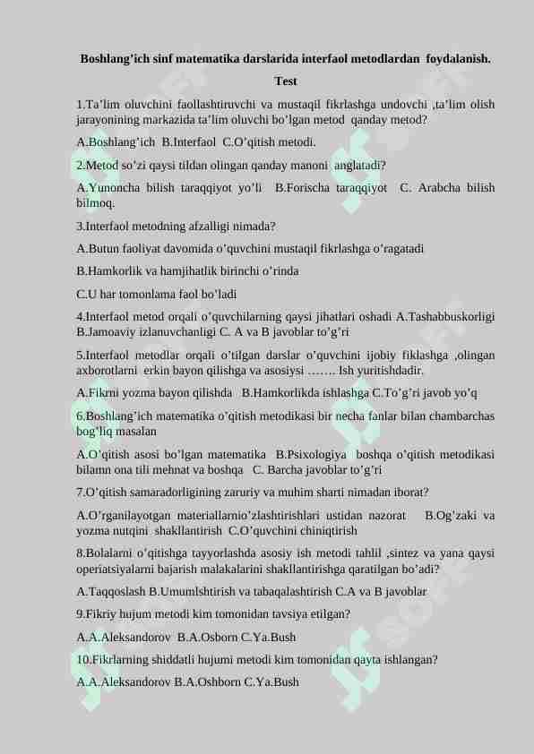 Boshlang’ich sinf matematika darslarida interfaol metodlardan foydalanish.