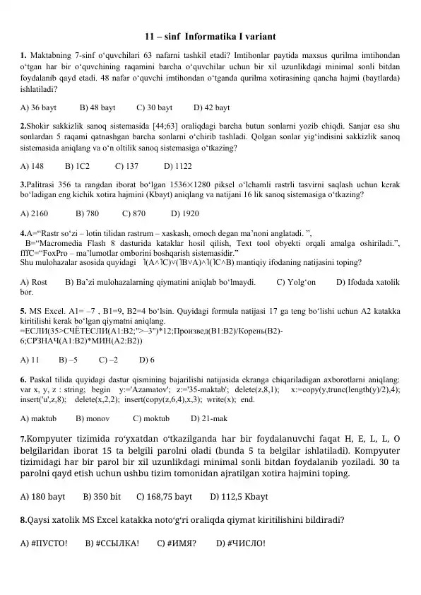 10-sinf informatika BSB II variant