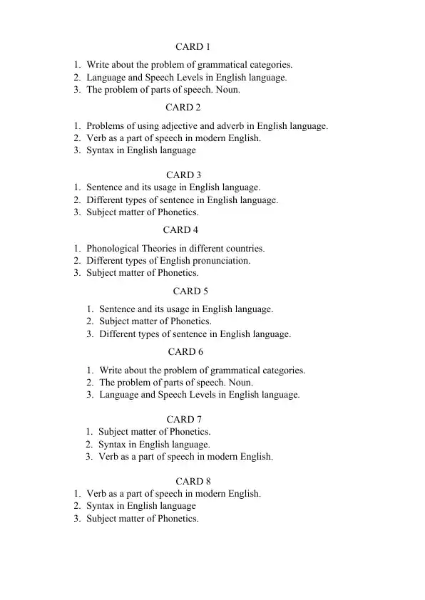 English Language Grammar Cards