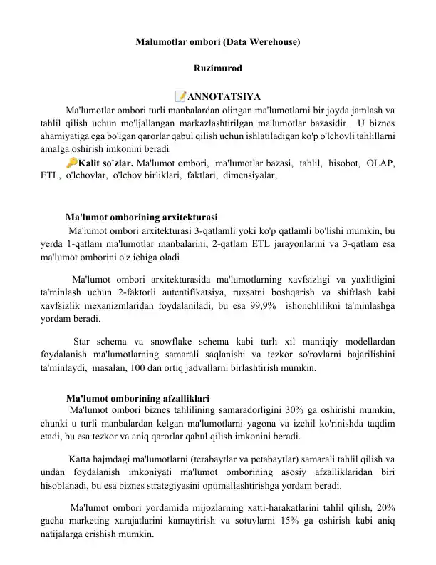 Malumotlar ombori (Data Werehouse)