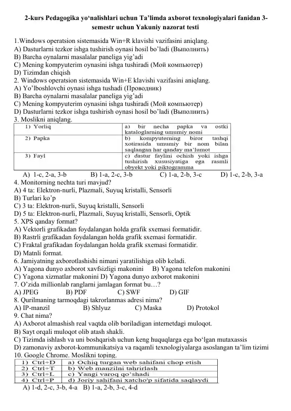 2-kurs Pedagogika yo‘nalishlari uchun Ta’limda axborot texnologiyalari fanidan 3-semestr Yakuniy ...