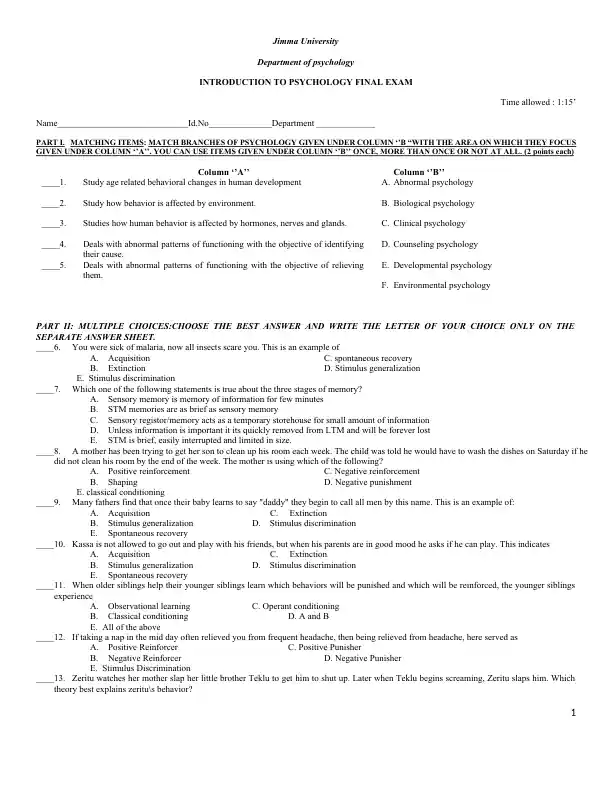 INTRODUCTION TO PSYCHOLOGY FINAL EXAM