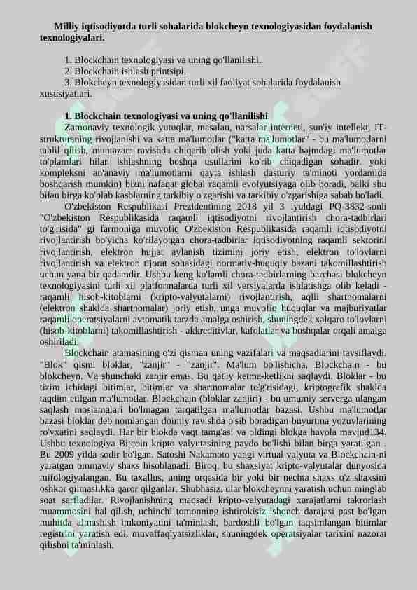 Milliy iqtisodiyotda turli sohalarida blokcheyn texnologiyasidan ...
