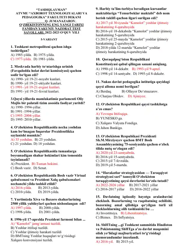 Yo‘l harakati qoidalari test savollari to‘plami