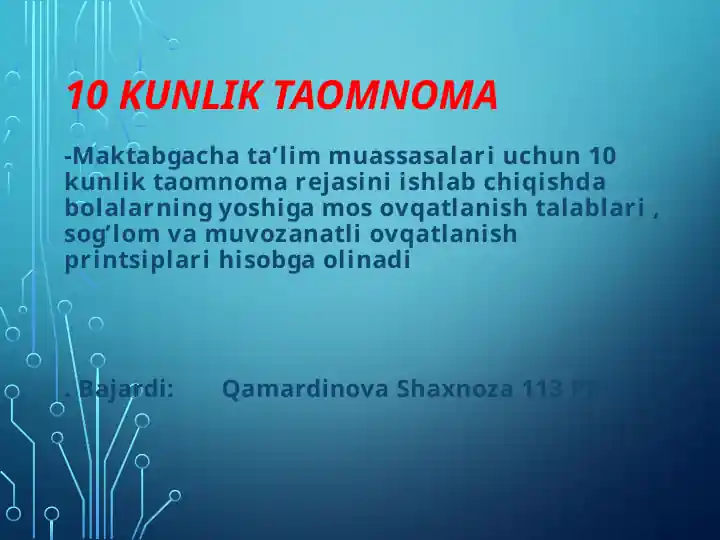 10 kunlik taomnoma