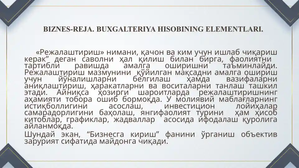 Biznes-reja. Buxgalteriya hisobining elementlari.
