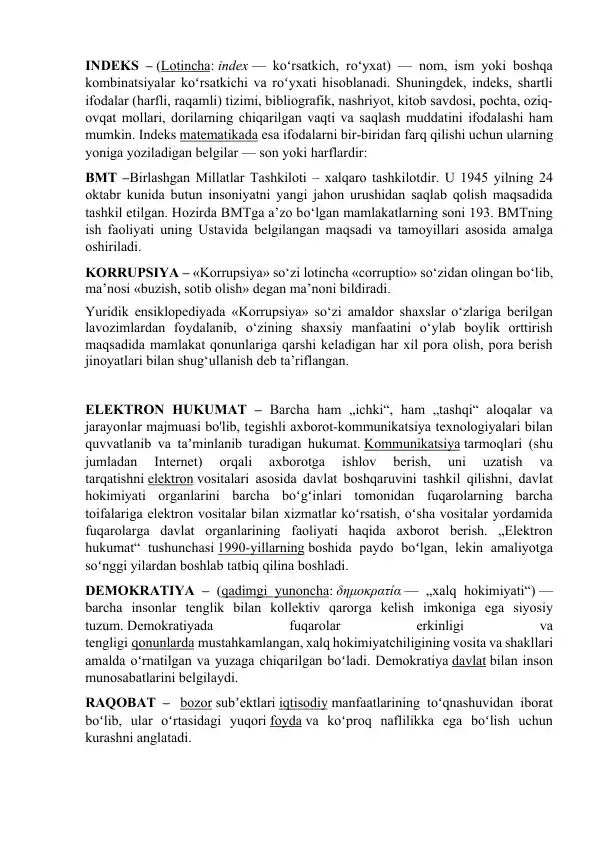 Indekslar va BMT haqida ma'lumotlar
