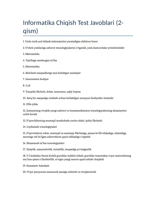 Informatika Chiqish Test Javoblari (2-qism)