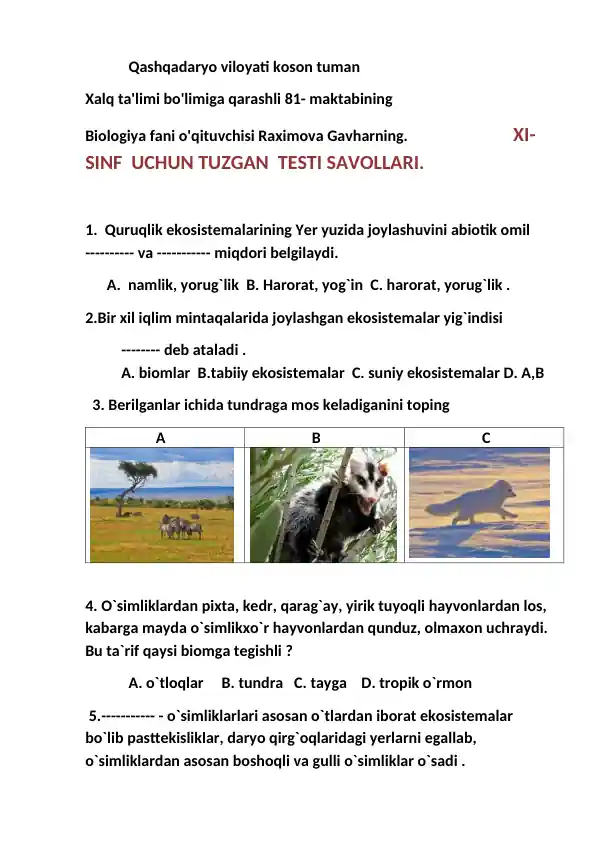 Biologiya fanidan test savollari