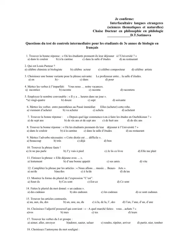 Test de controle intermediaire pour les etudiants de 3e annee de ...