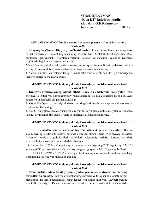 «UMUMIY KIMYO» fanidan yakuniy baholash (yozma ish) savollari to‘plami ...