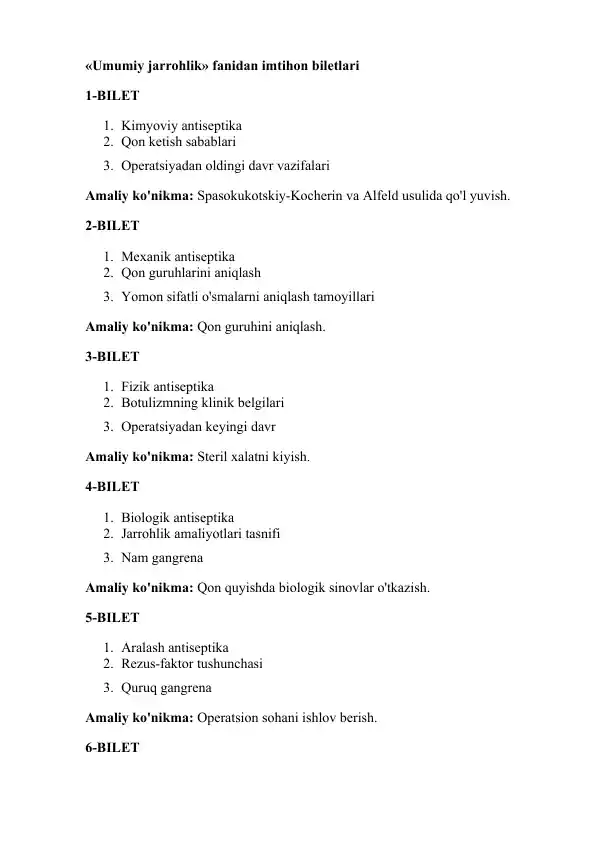 Umumiy jarrohlik fanidan imtihon biletlari