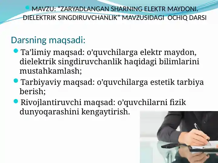 "ZARYADLANGAN SHARNING ELEKTR MAYDONI. DIELEKTRIK SINGDIRUVCHANLIK ...