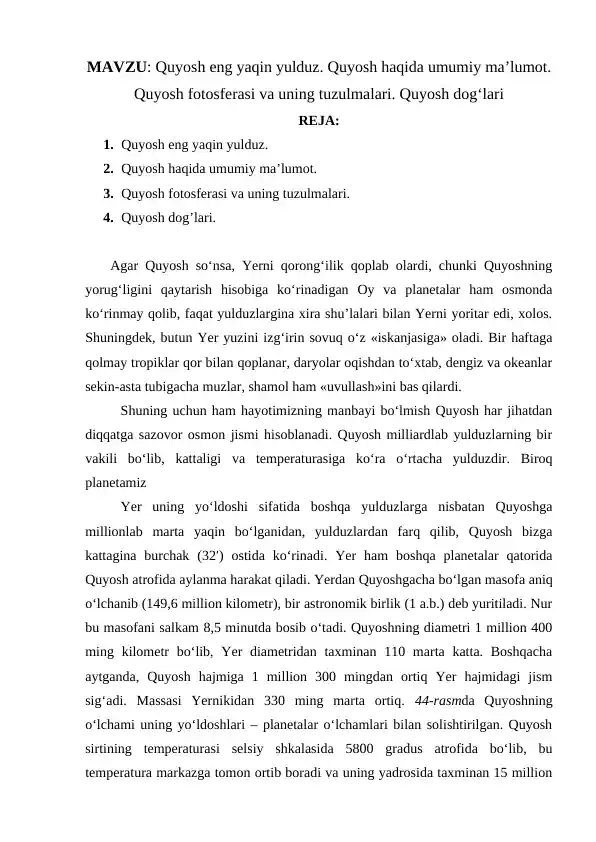 Quyosh eng yaqin yulduz. Quyosh haqida umumiy ma’lumot. Quyosh ...