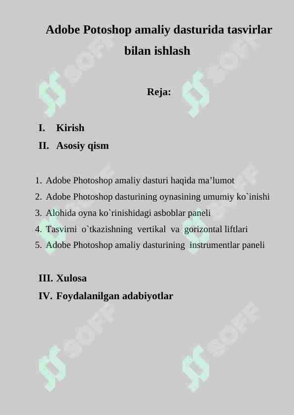 Adobe Potoshop amaliy dasturida tasvirlar bilan ishlash