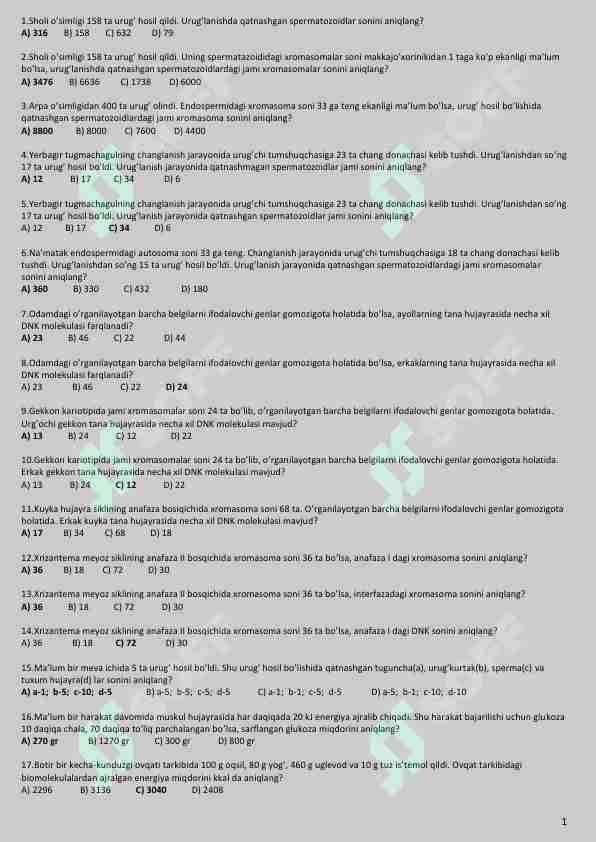 Test Biologiya Savol va Masala aralash 1-357 ta javoblari bilan
