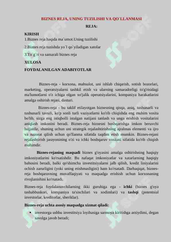 BIZNES REJA, UNING TUZILISHI VA QO`LLANMASI