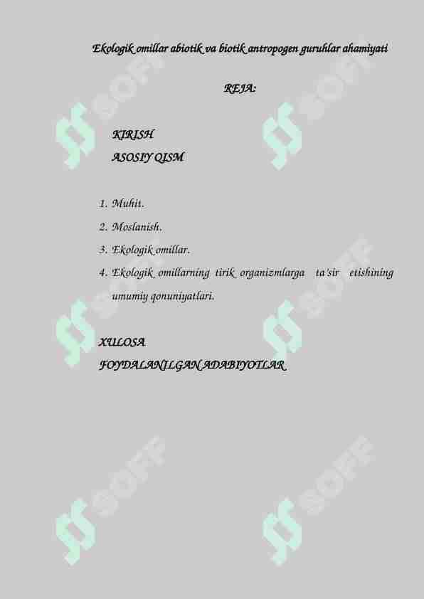 Ekologik omillar abiotik va biotik antropogen guruhlar ahamiyati