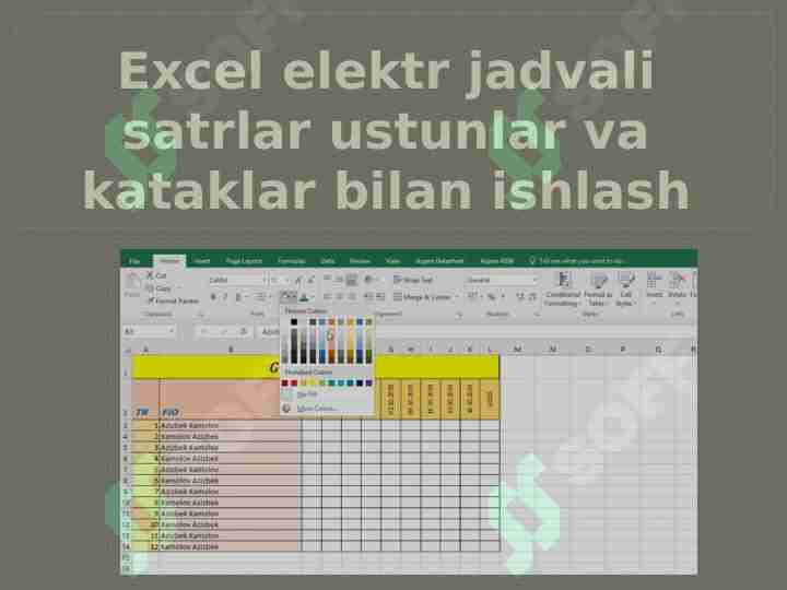 Excel elektr jadvali satrlar ustunlar va kataklar bilan ishlash