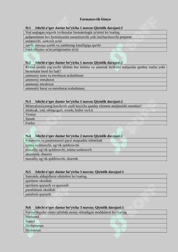 Farmatsevtik kimyo modulidan YAKUNIY NAZORAT TESTI