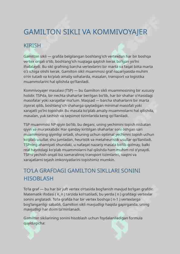 To'la grafda Gamilton sikllari sonini hisoblash formulasi. Kommivoyajer masalasi