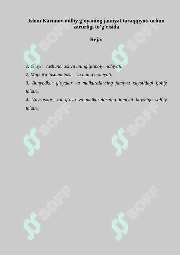 Islom Karimov milliy g’oyaning jamiyat taraqqiyoti uchun zarurligi to’g ...
