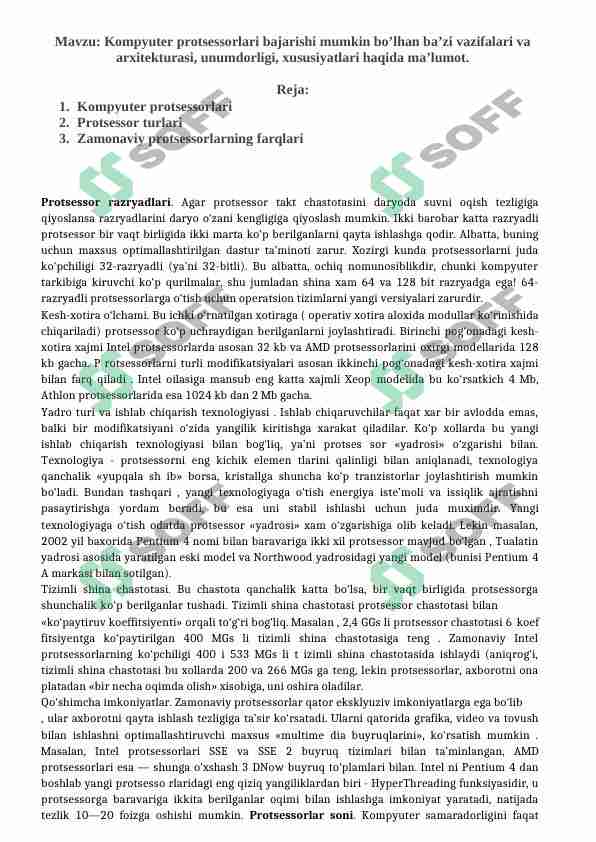 Kompyuter protsessorlari bajarishi mumkin bo’lhan ba’zi vazifalari va ...