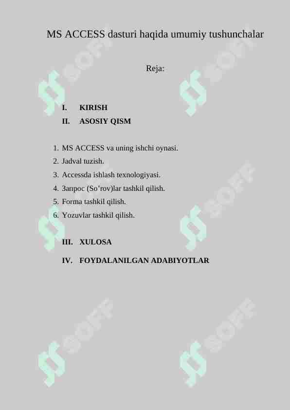 MS ACCESS dasturi haqida umumiy tushunchalar