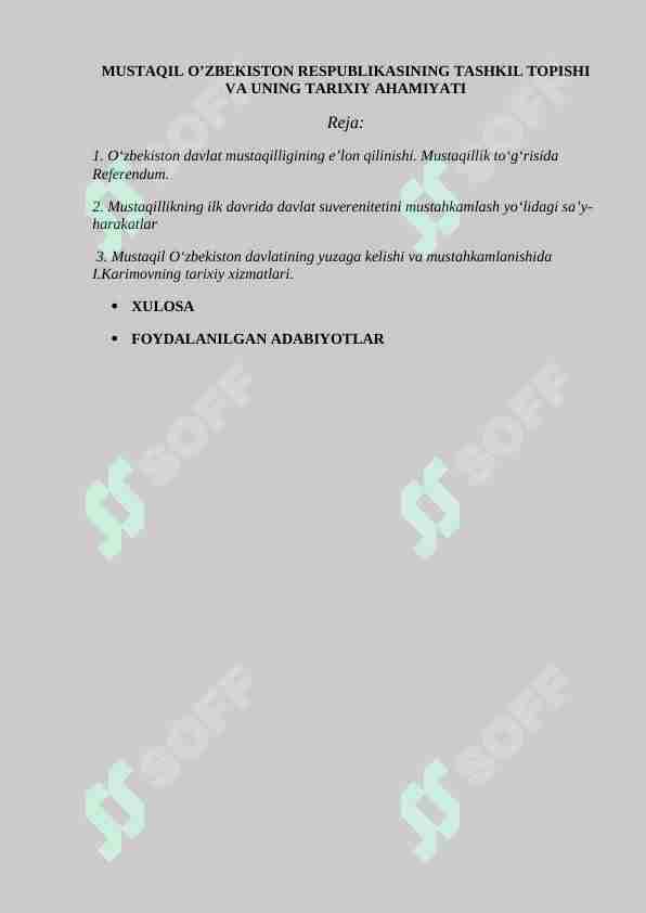 MUSTAQIL O’ZBEKISTON RESPUBLIKASINING TASHKIL TOPISHI VA UNING TARIXIY ...