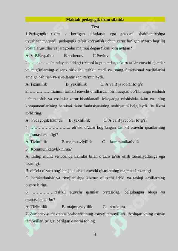 Maktab-pedagogik tizim sifatida Test