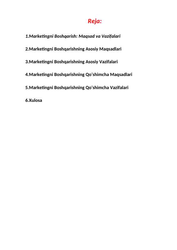 Marketingni Boshqarish Maqsad va Vazifalari haqida referat