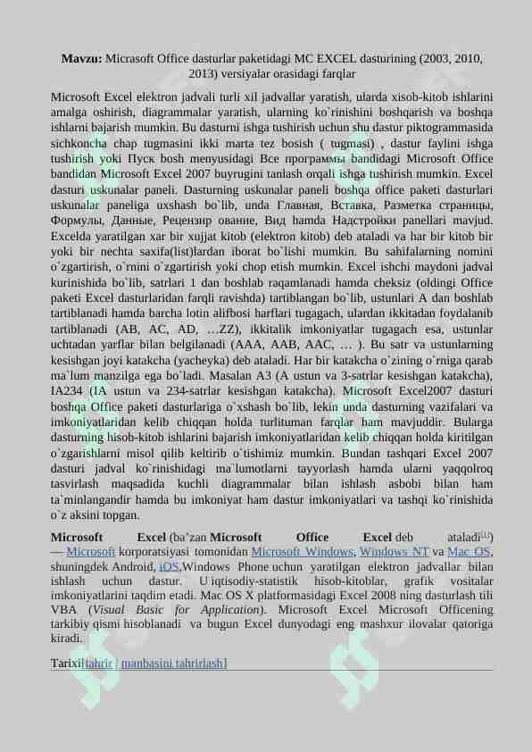 Micrasoft Office dasturlar paketidagi MC EXCEL dasturining (2003, 2010, 2013) versiyalar ...