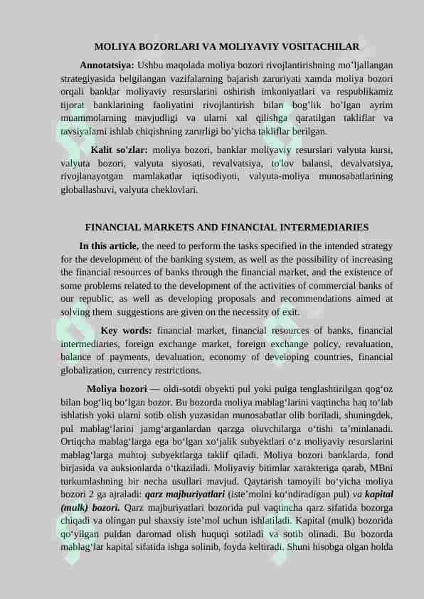 Moliya bozori va moliyaviy vositachilar