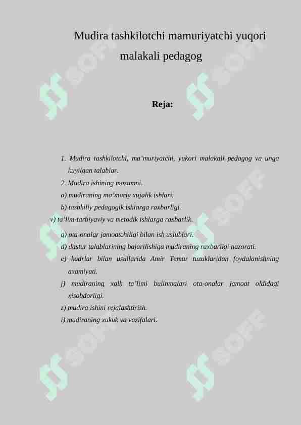 Mudira tashkilotchi mamuriyatchi yuqori malakali pedagog