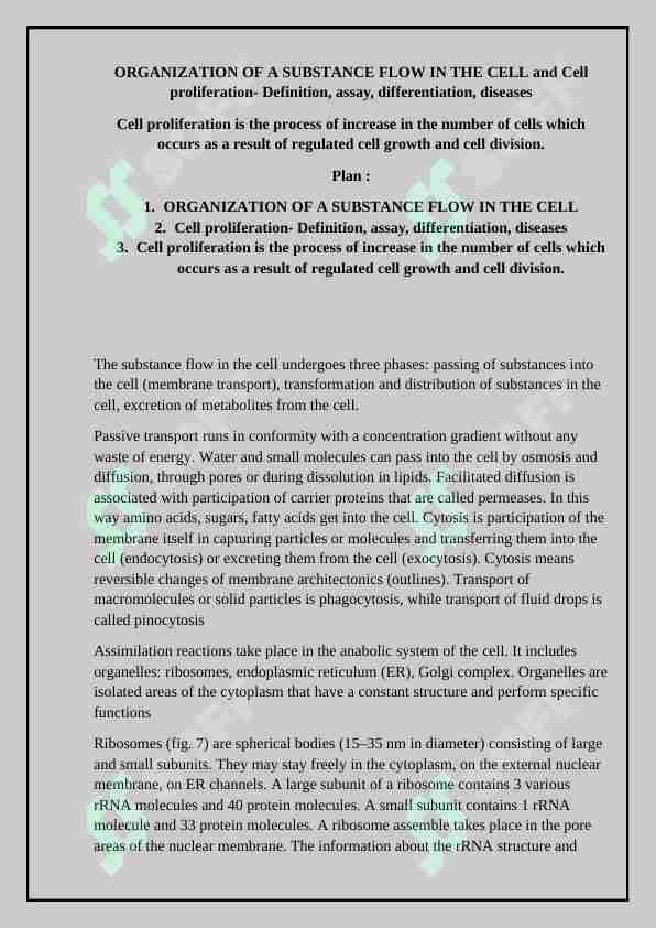ORGANIZATION OF A SUBSTANCE FLOW IN THE CELL and Cell proliferation ...