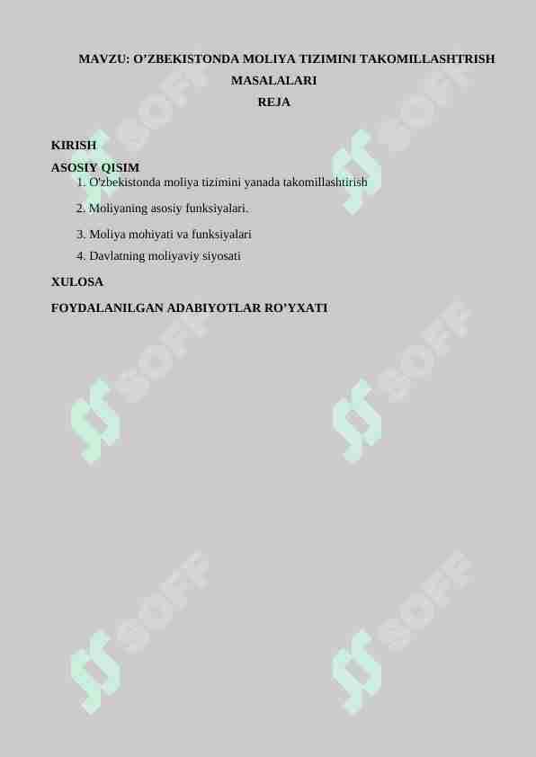 O’ZBEKISTONDA MOLIYA TIZIMINI TAKOMILLASHTRISH MASALALARI
