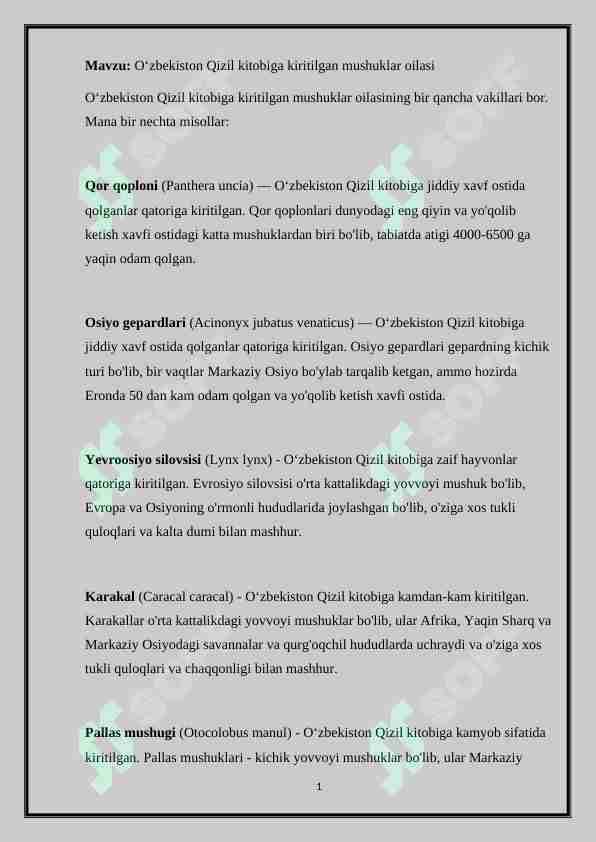 O‘zbekiston Qizil kitobiga kiritilgan mushuklar oilasi