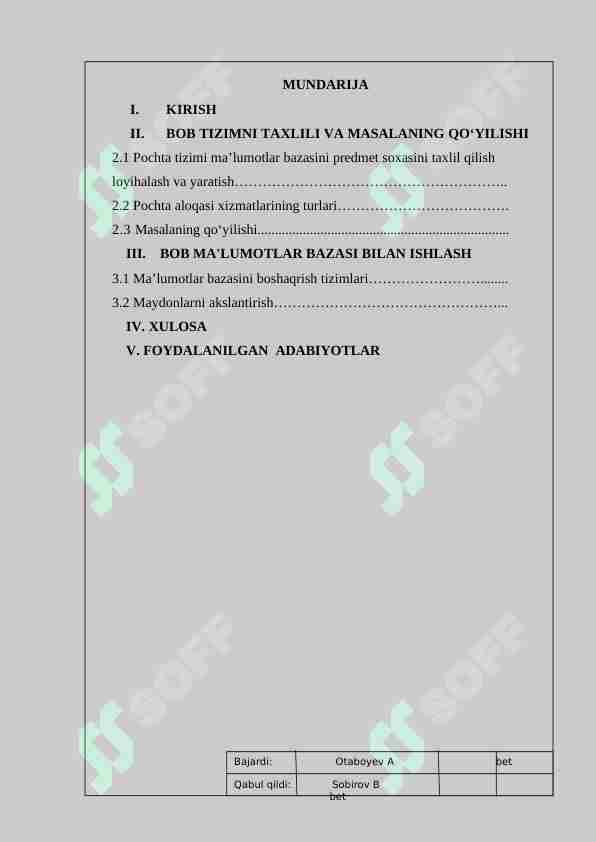 Pochta tizimi ma’lumotlar bazasini predmet soxasini taxlil qilish ...