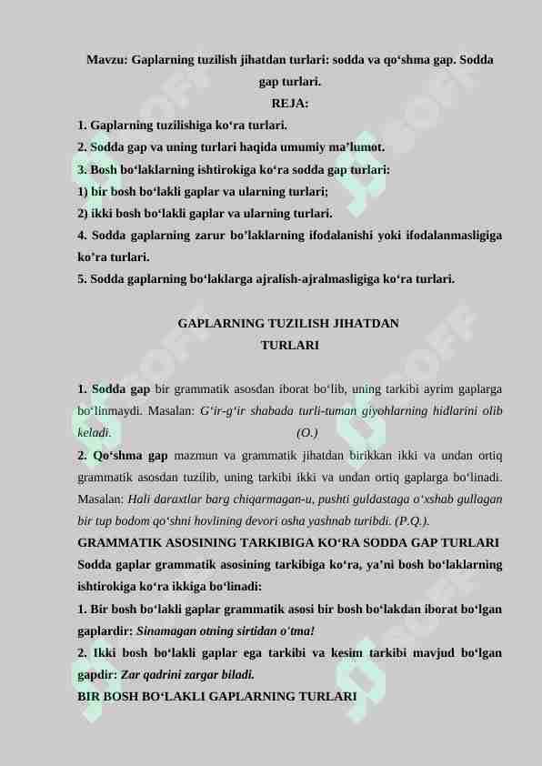 Gaplarning tuzilish jihatdan turlari: sodda va qo‘shma gap. Sodda gap turlari.