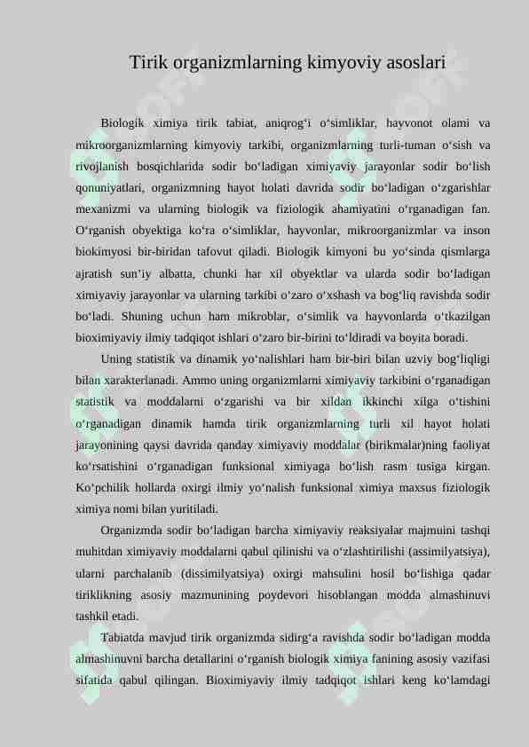 Tirik organizmlarning kimyoviy asoslari