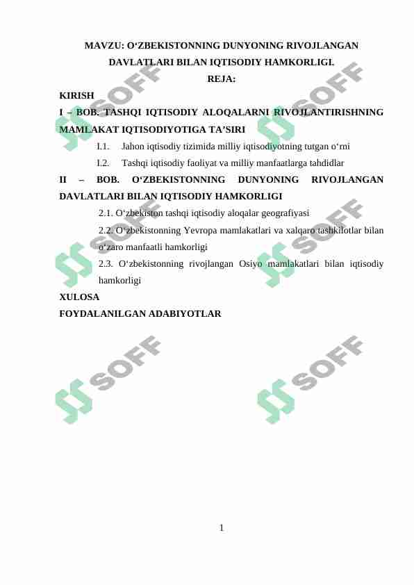 O‘ZBEKISTONNING DUNYONING RIVOJLANGAN DAVLATLARI BILAN IQTISODIY HAMKORLIGI