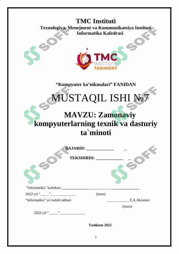 Zamonaviy kompyuterlarning texnik va dasturiy ta`minoti