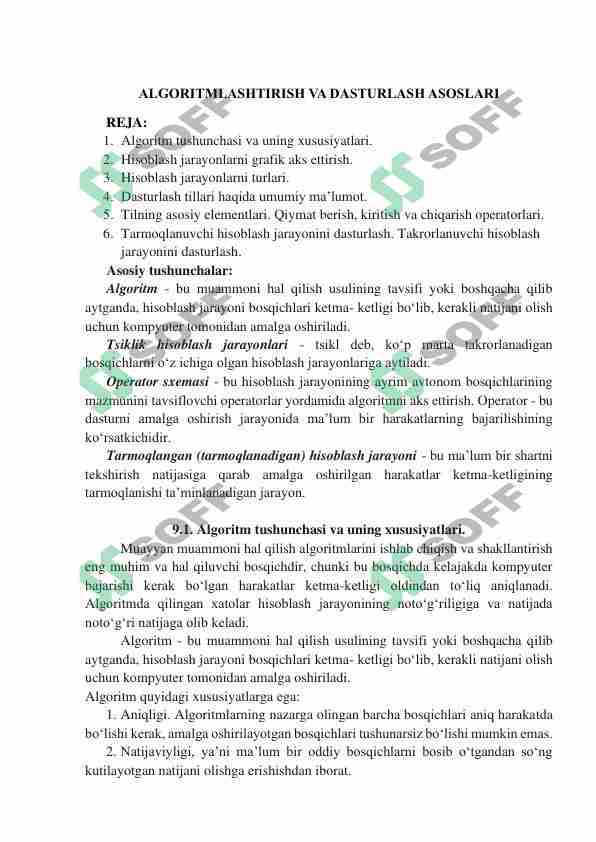 ALGORITMLASHTIRISH VA DASTURLASH ASOSLARI