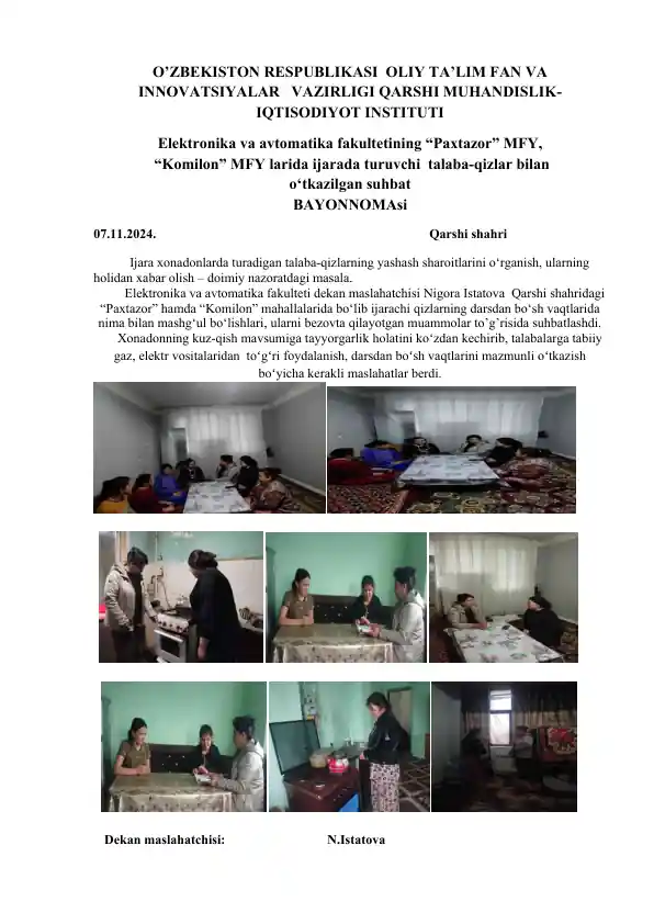 Ijarada turuvchi talaba-qizlar bilan o‘tkazilgan suhbat BAYONNOMAsi