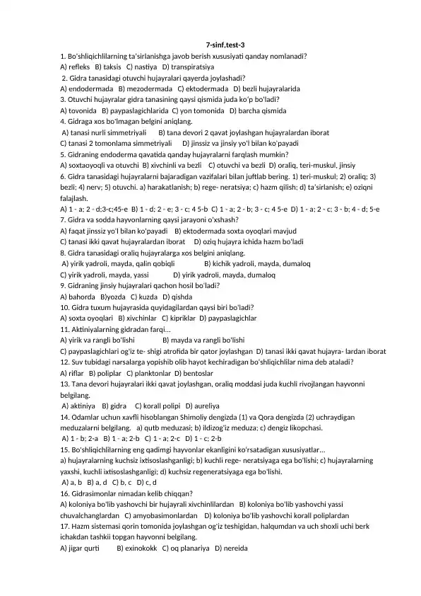 Biologiya test savollari