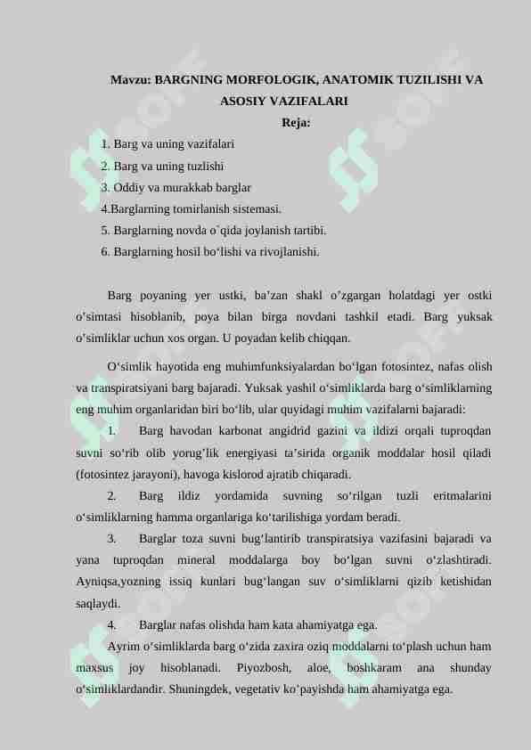 BARGNING MORFOLOGIK, ANATOMIK TUZILISHI VA ASOSIY VAZIFALARI