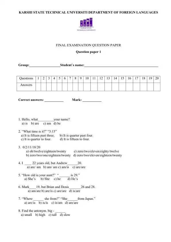 Exam Question Paper Template