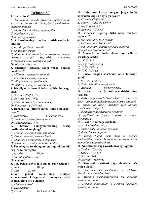 YaN uchun test savollari