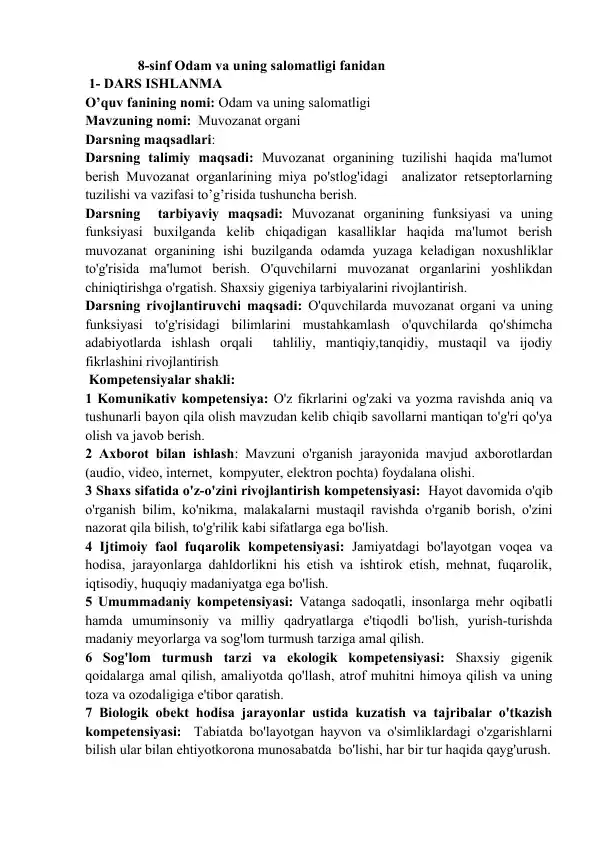 8-sinf Odam va uning salomatligi fanidan dars ishlanmasi
