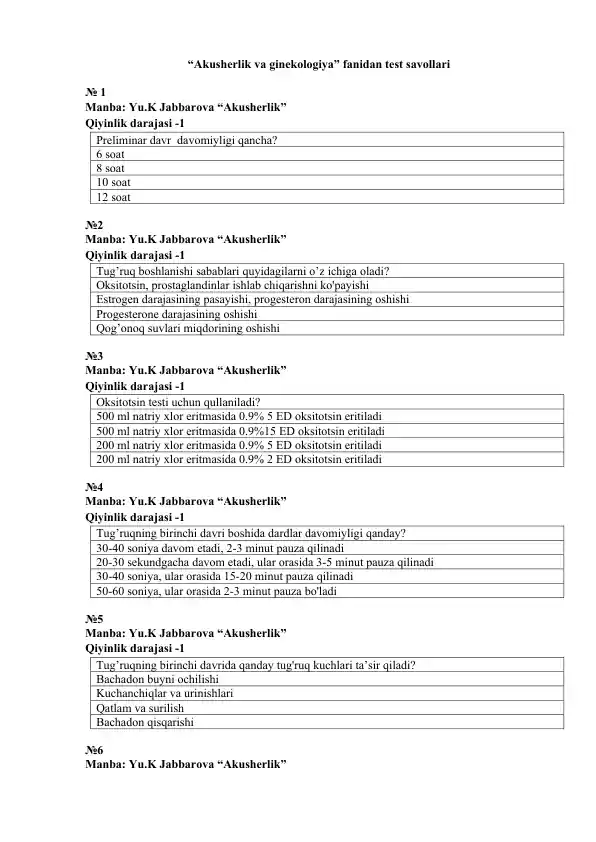 “Akusherlik va ginekologiya” fanidan test savollari